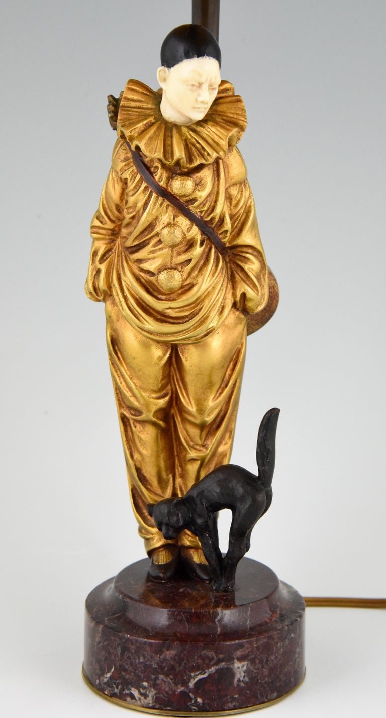 Art Deco Bronze Lamp with Pierrot Clown and Cat Georges Omerth, France ...