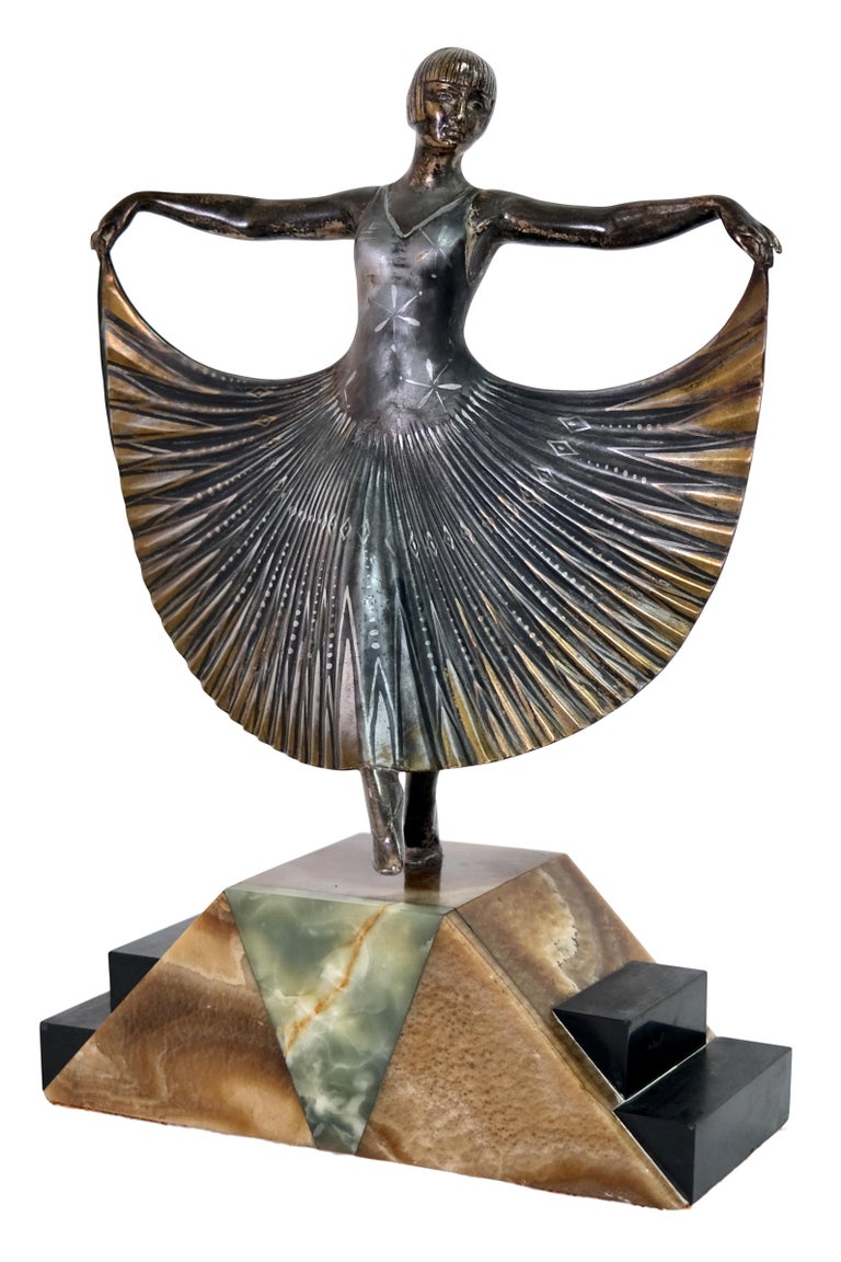 Art Deco Bronze Sculpture of a Dancer with Dress Fanned Out Wide on ...