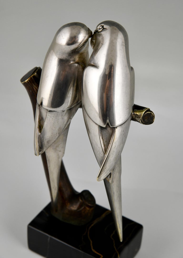 Art Deco Bronze Sculpture Two Parakeet Birds on a Branch Lovebirds by ...