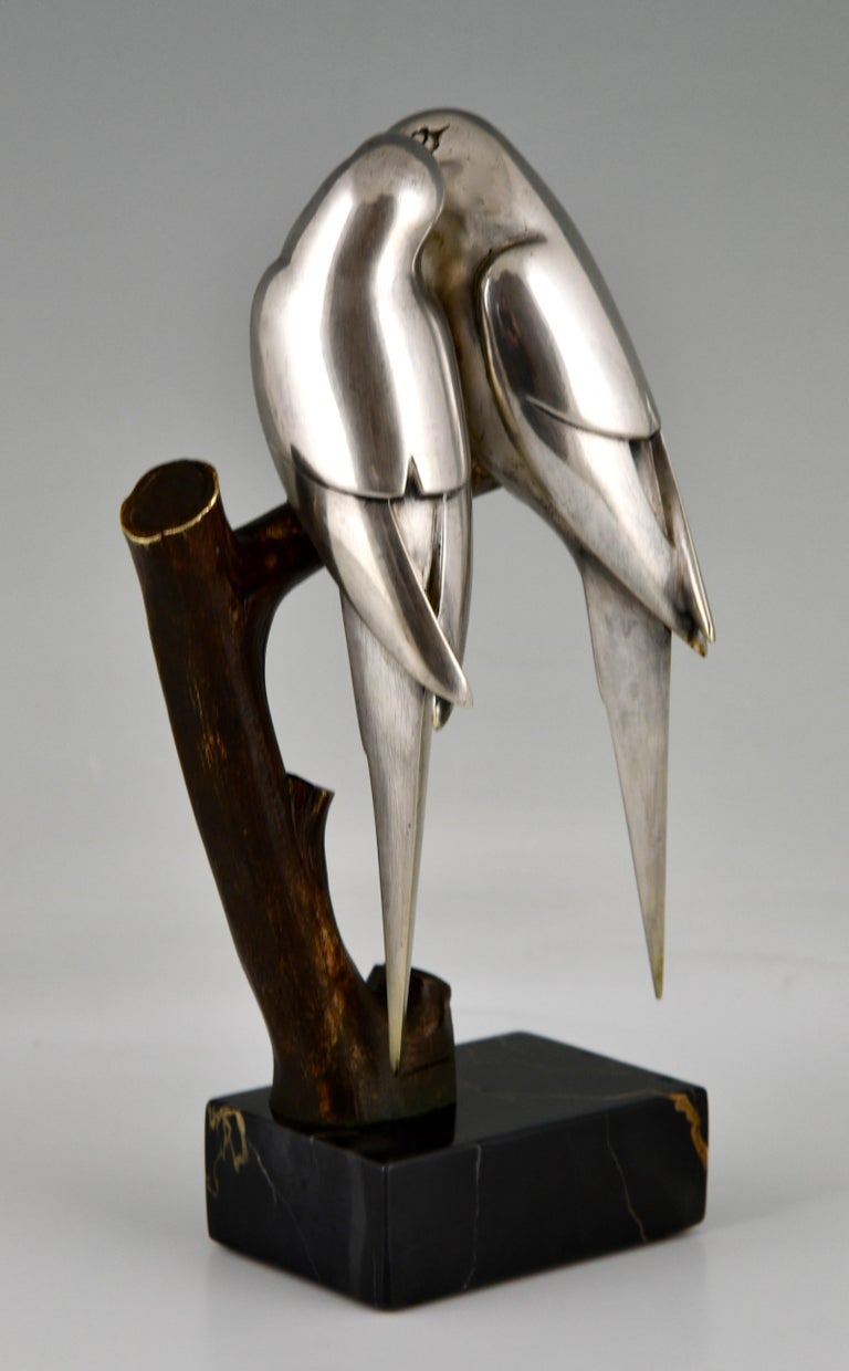 Art Deco Bronze Sculpture Two Parakeet Birds on a Branch Lovebirds by ...