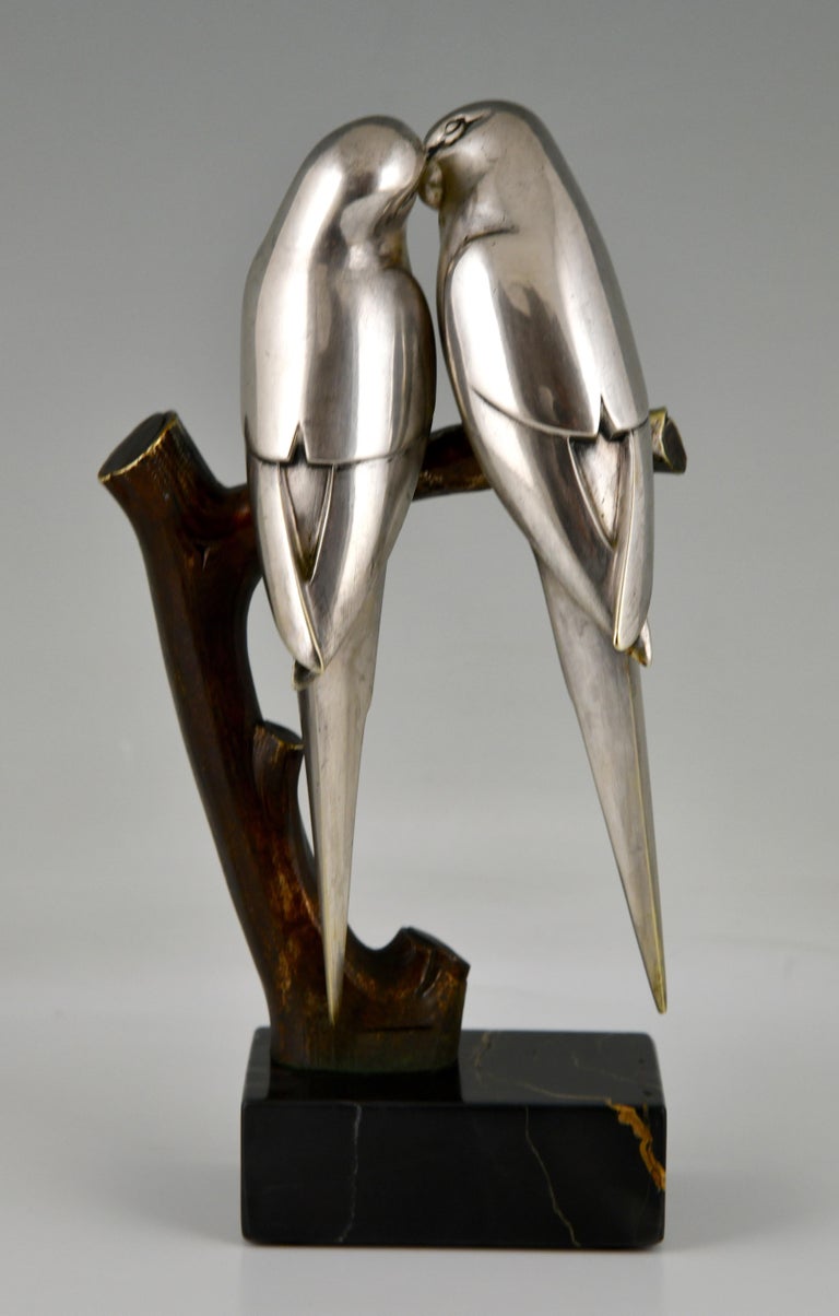 Art Deco Bronze Sculpture Two Parakeet Birds on a Branch Lovebirds by ...