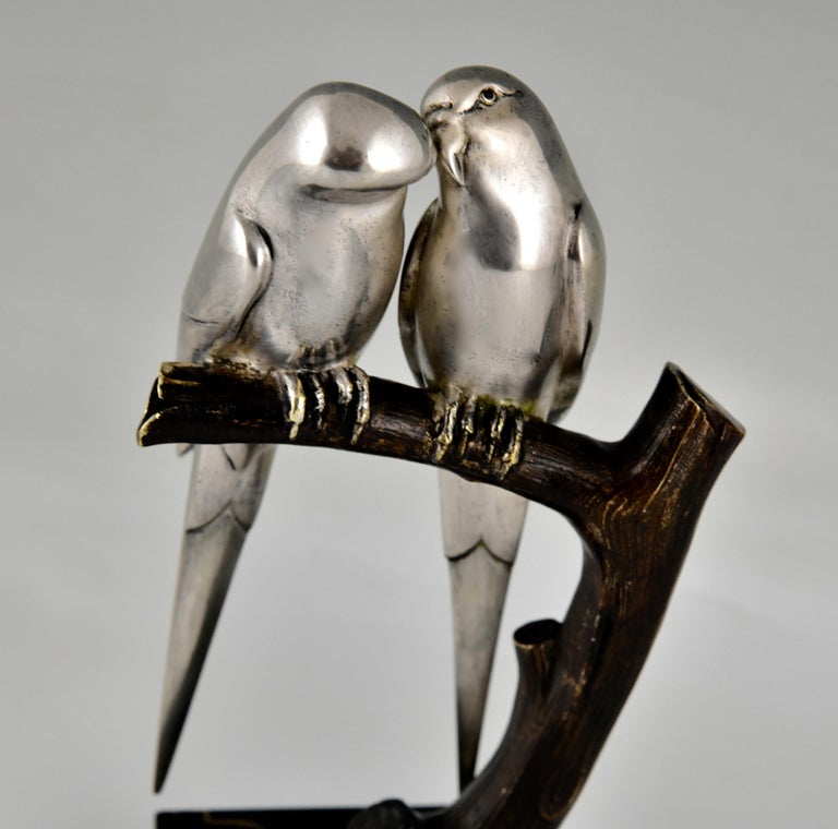 Art Deco Bronze Sculpture Two Parakeet Birds on a Branch Lovebirds by ...