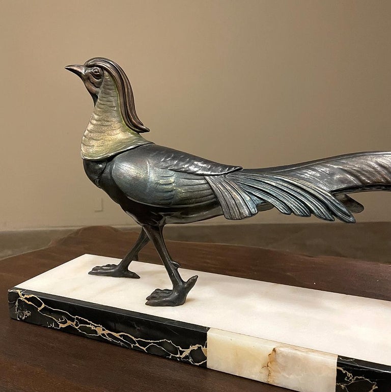 Art Deco Bronze Statue of Pheasant on Marble Base For Sale at 1stDibs