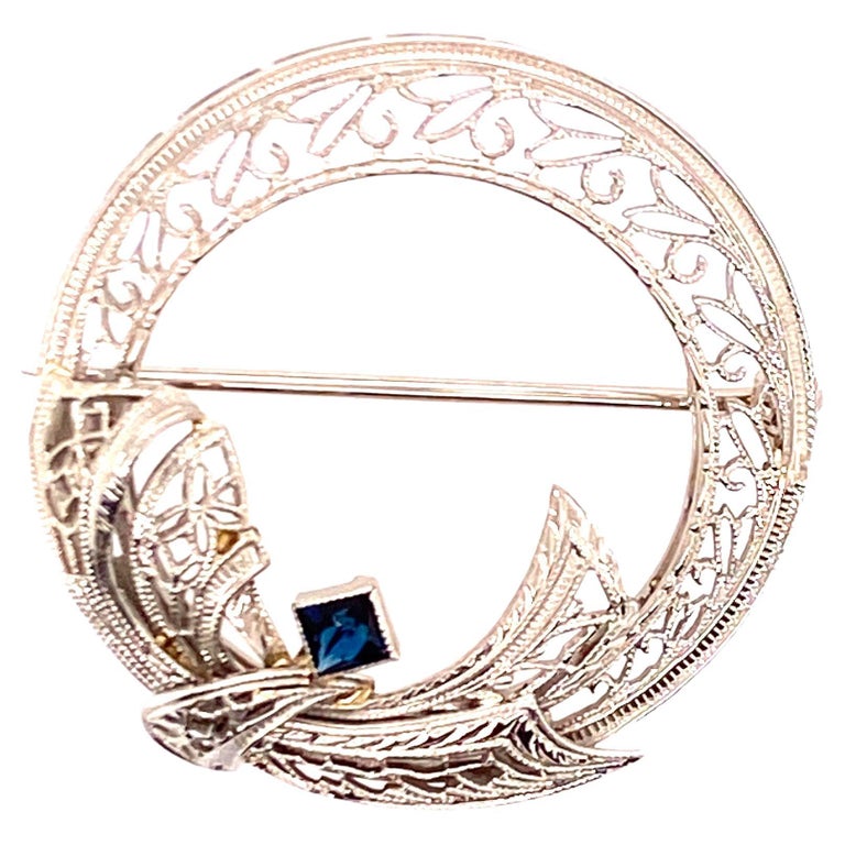 Art Deco Brooch .25ct French Cut Sapphire Filigree Pin 14k Original ...