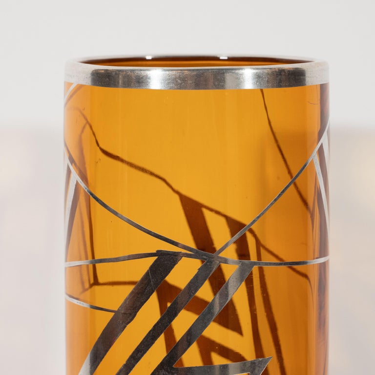 Art Deco Brown Topaz Glass Vase with Geometric Cubist Sterling Silver ...
