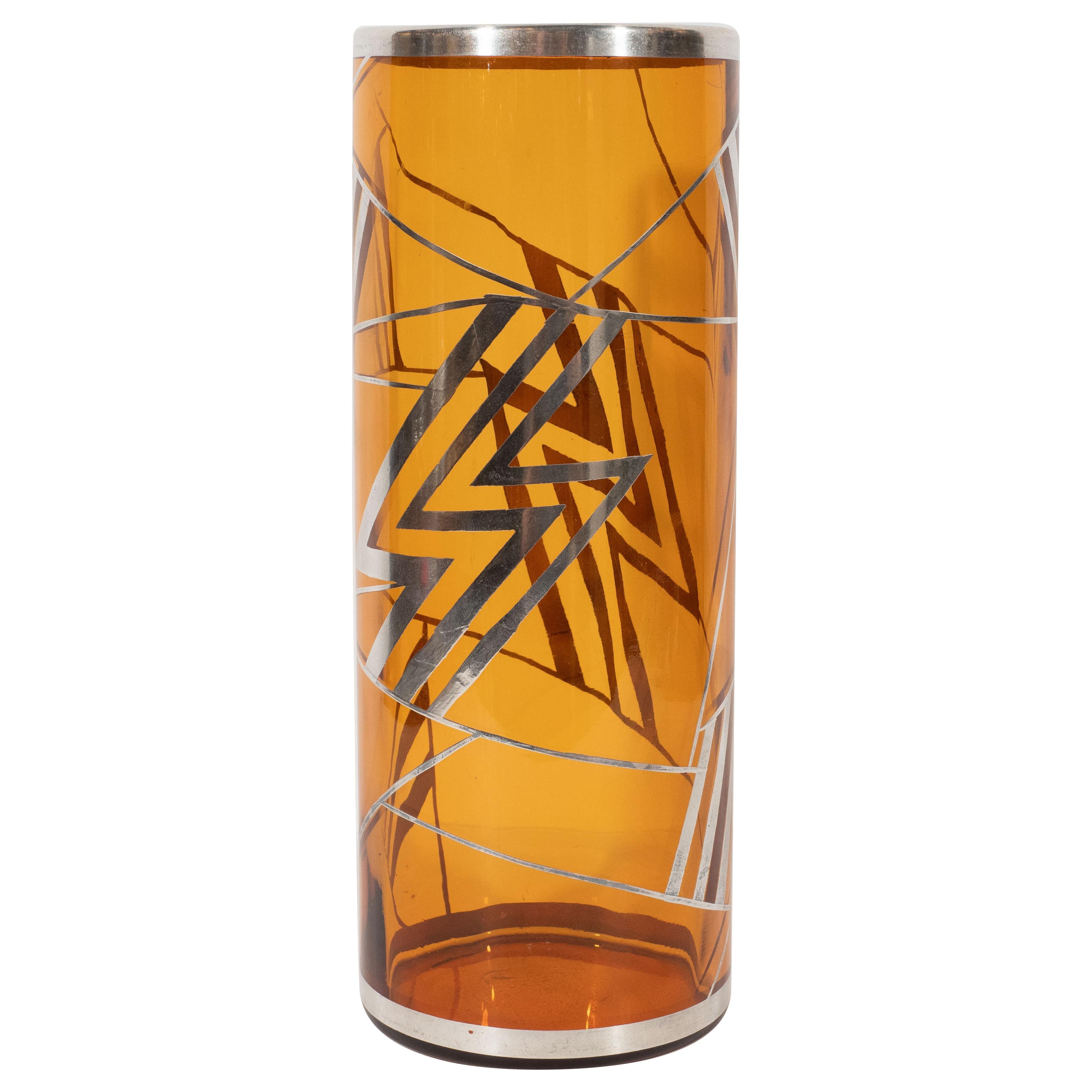 Art Deco Brown Topaz Glass Vase with Geometric Cubist Sterling Silver ...