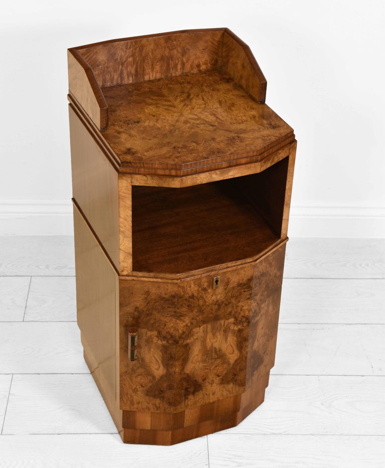 Art Deco Burr Walnut Canted Bedside Cabinet Side Table For Sale at 1stDibs