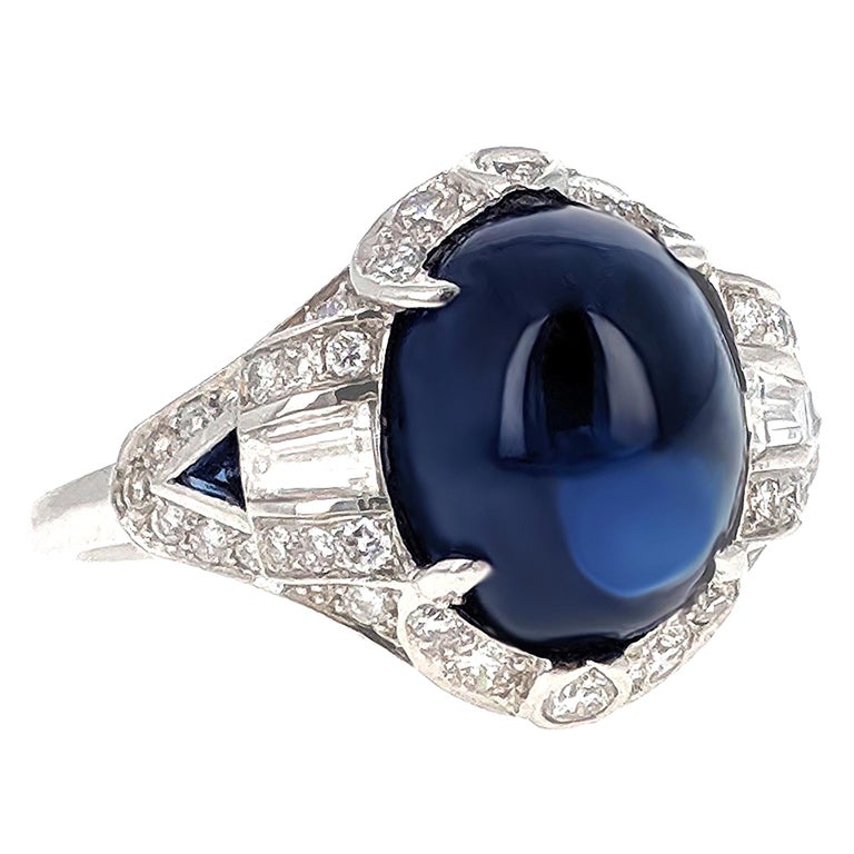 Art Deco Cabochon Sapphire and Diamond Ring at 1stDibs
