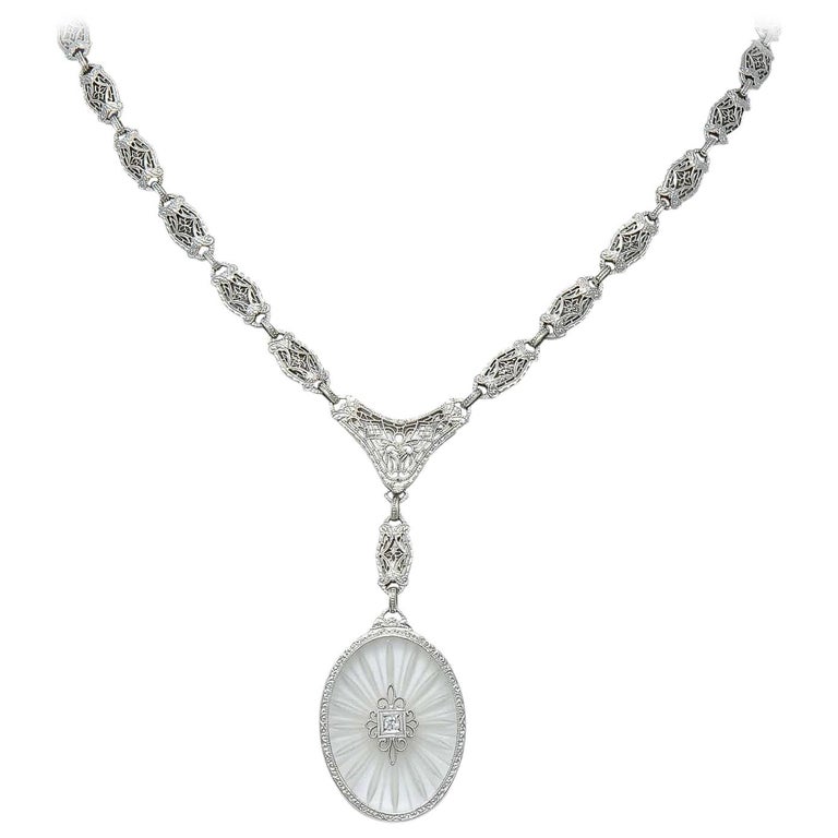 Art Deco Camphor Glass Diamond 14 Karat White Gold Drop Necklace, circa ...