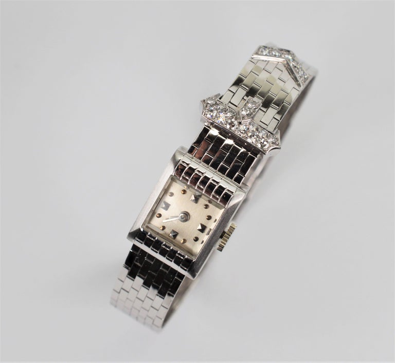 Art Deco Cartier 14 Karat White Gold Diamond Bracelet Concord Watch ...