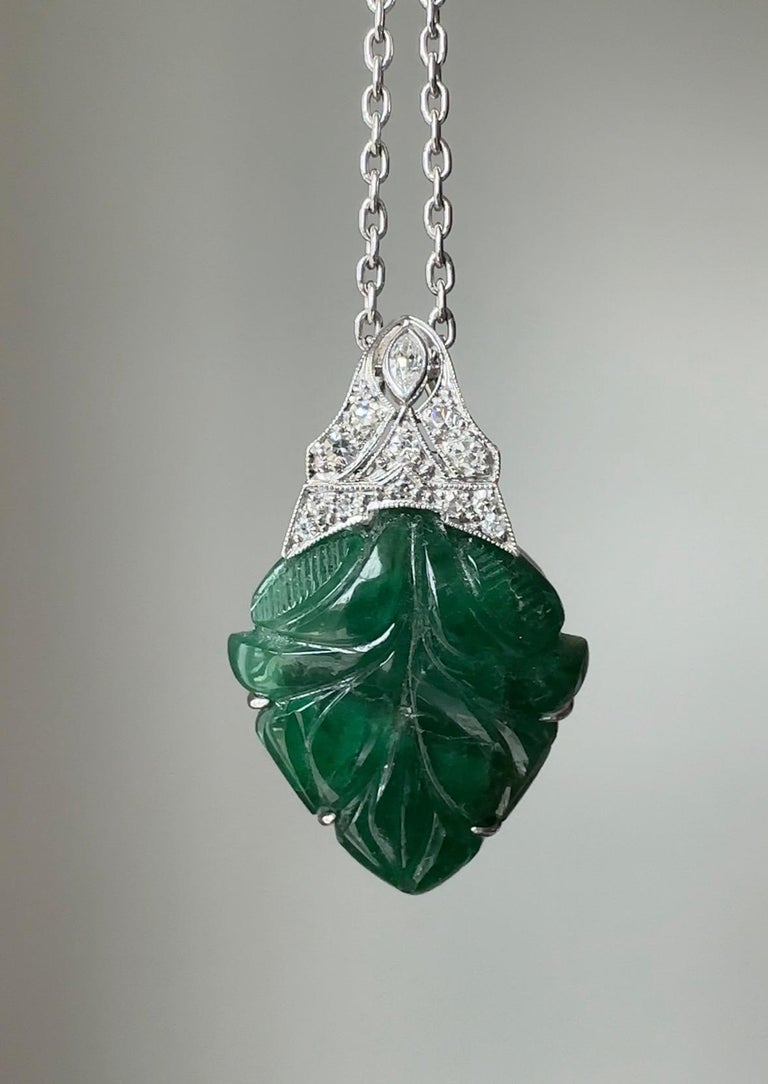 Art Deco Carved Emerald and Diamond Tutti Frutti Leaf Pendant For Sale ...