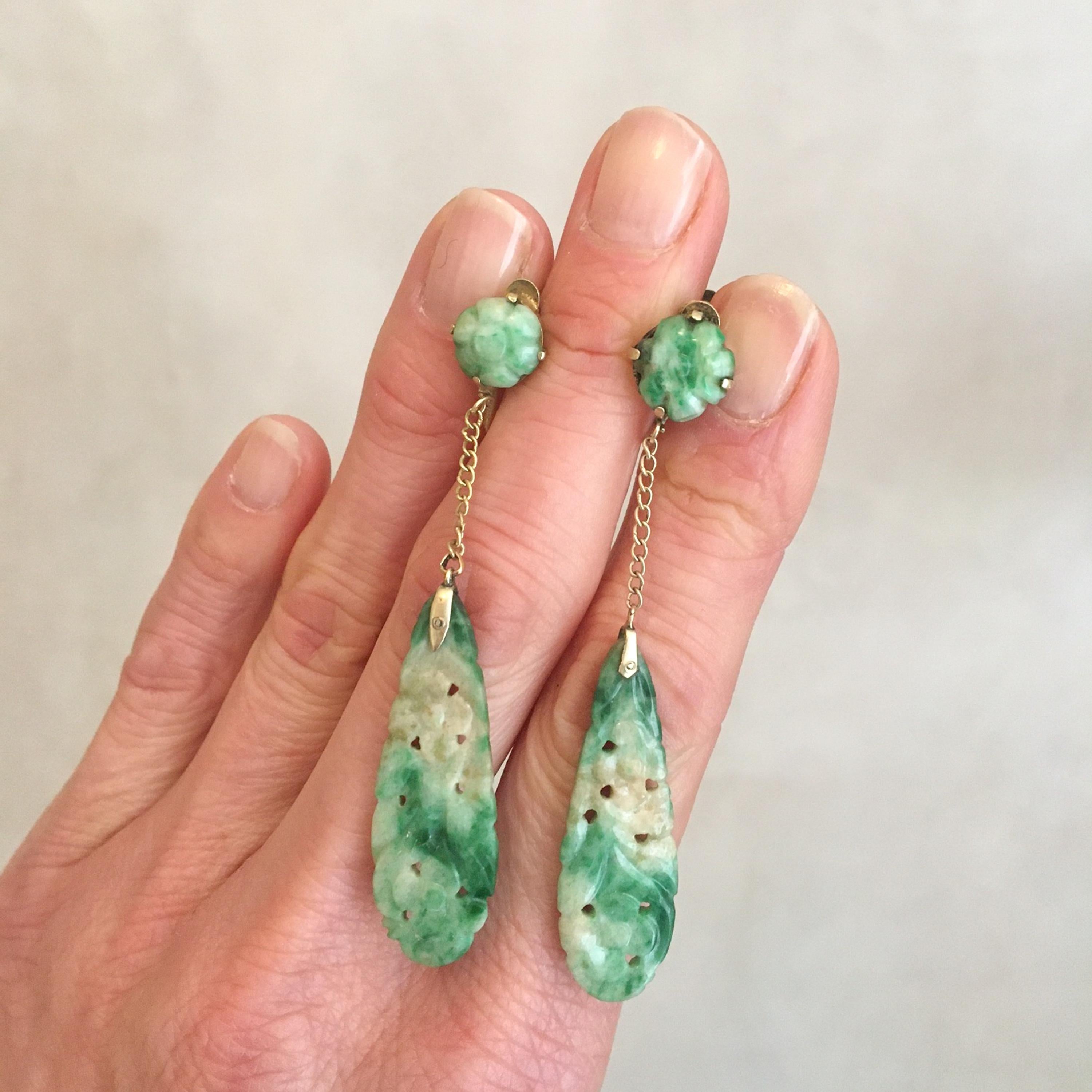 Vintage Art Deco Carved Jade Dangle Earrings at 1stDibs | antique jade ...