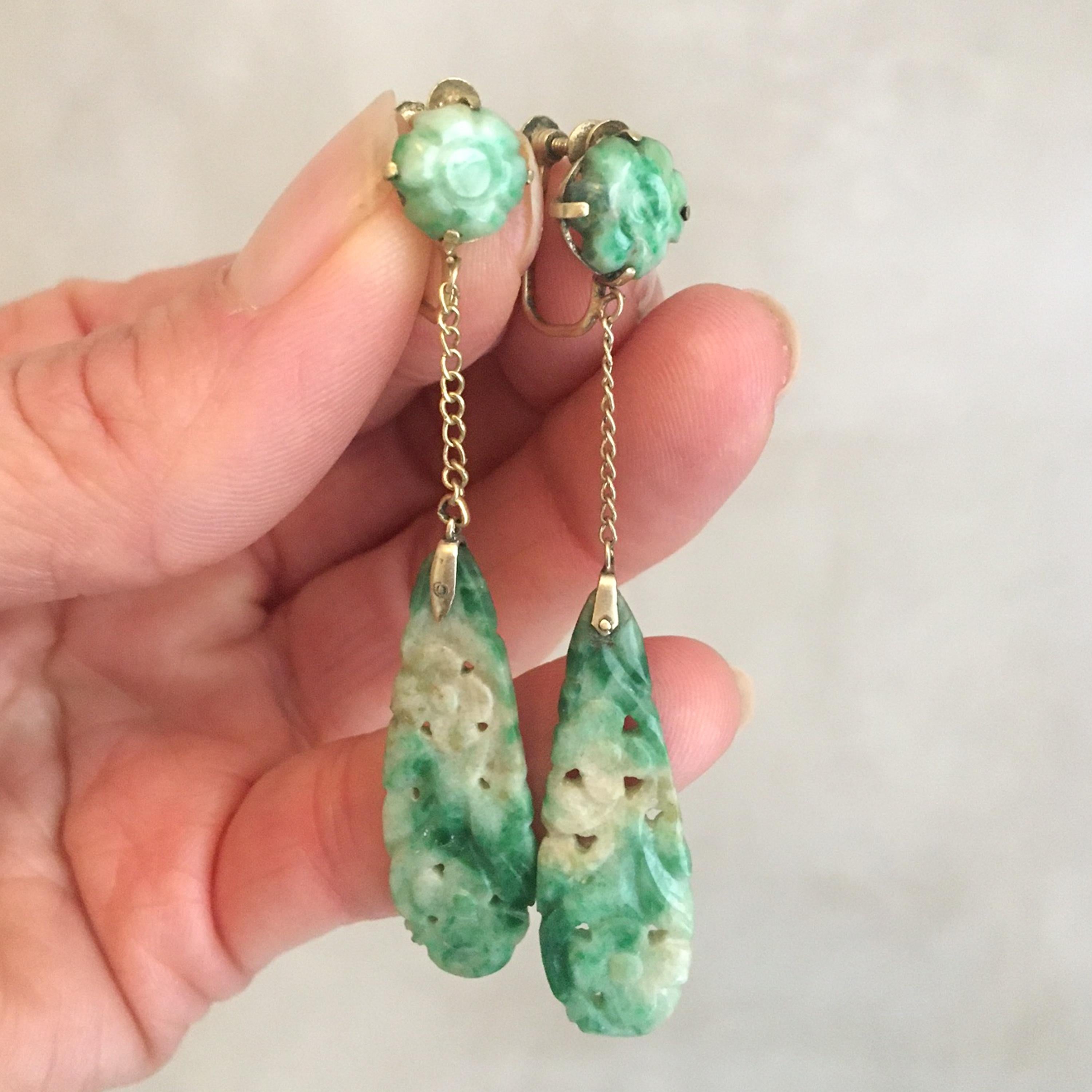 Vintage Art Deco Carved Jade Dangle Earrings at 1stDibs | antique jade ...
