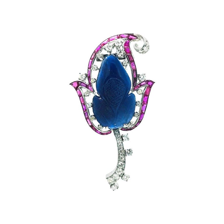 Art Deco Style Carved Leaf Pendant, Ruby Diamond, 3.80 Carat For Sale ...