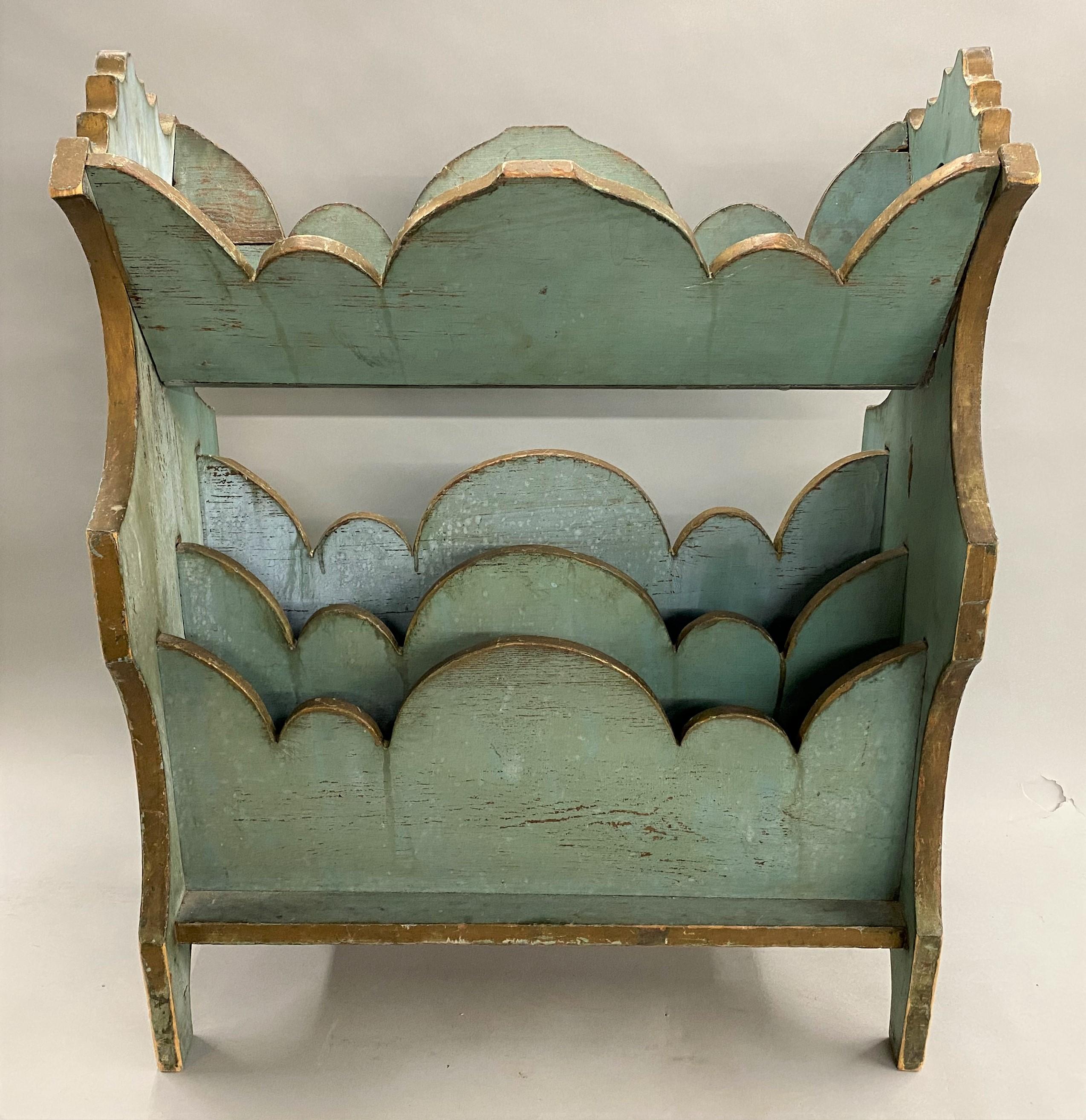 Art Deco Carved Magazine Rack with Scalloped Dividers in Original Blue ...