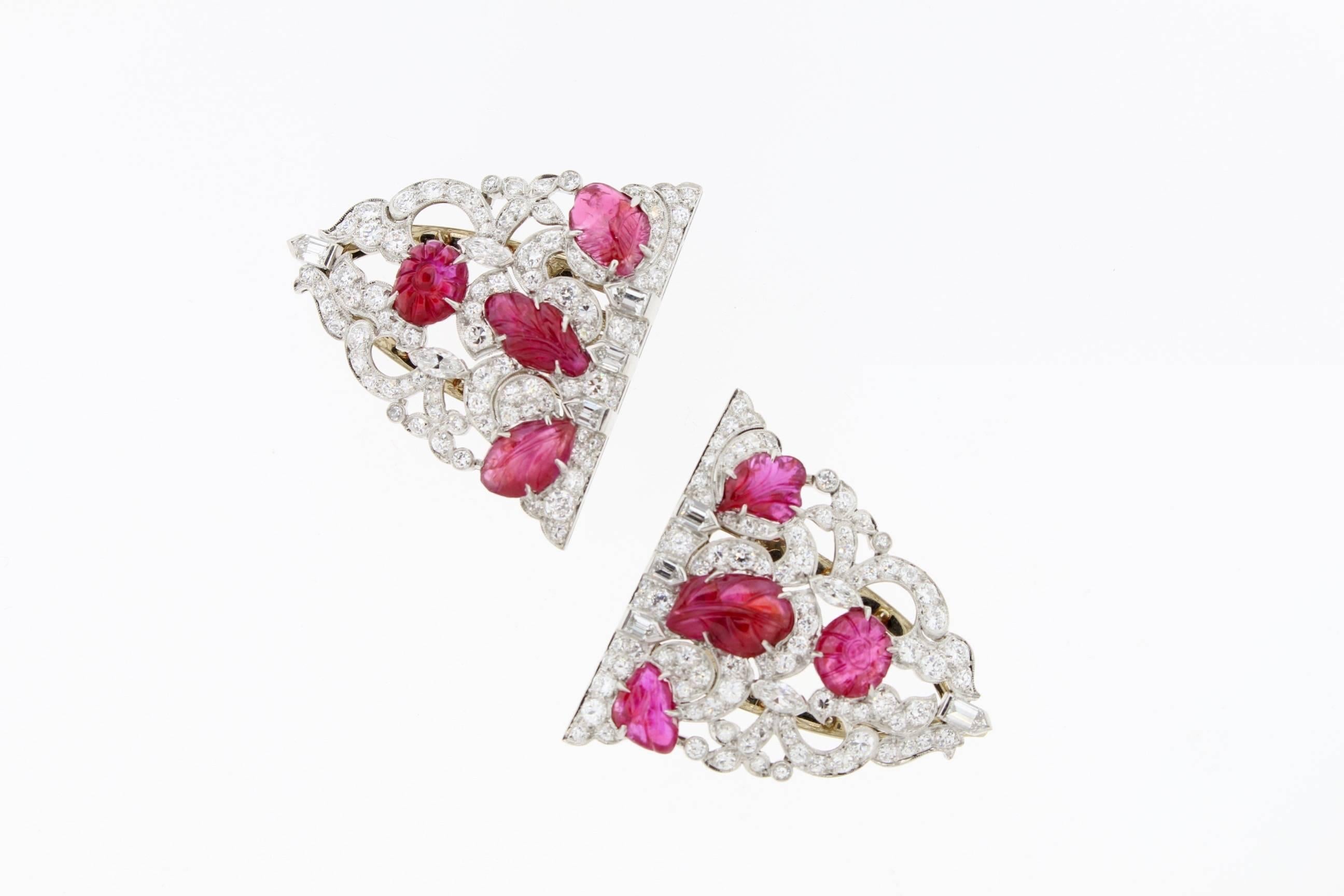 Art Deco Carved Ruby Diamond Platinum Double Clip Pin at 1stDibs