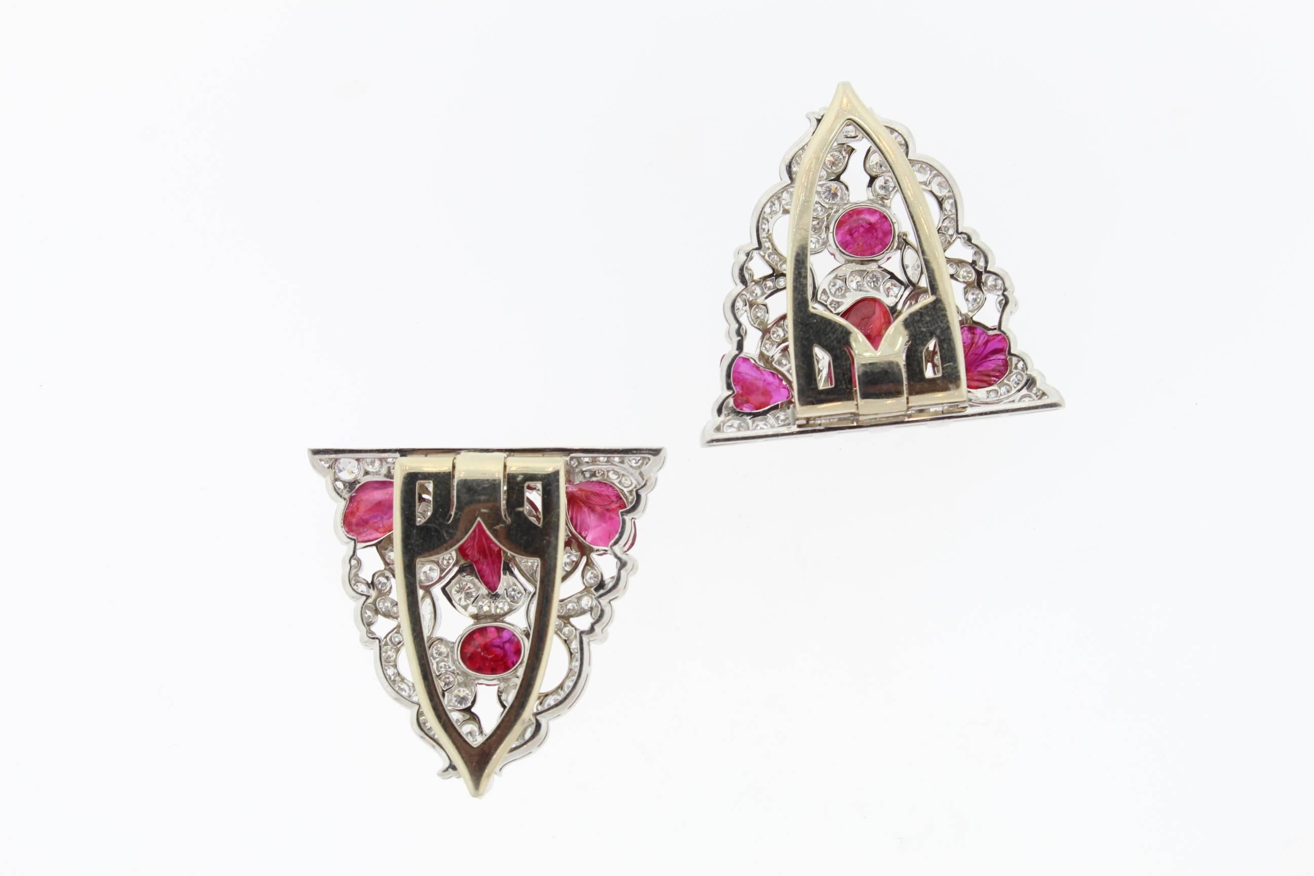 Art Deco Carved Ruby Diamond Platinum Double Clip Pin at 1stDibs