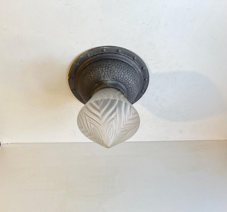 Art Deco Ceiling Flush Mount in Aligator Metal and Glass, 1920s For ...