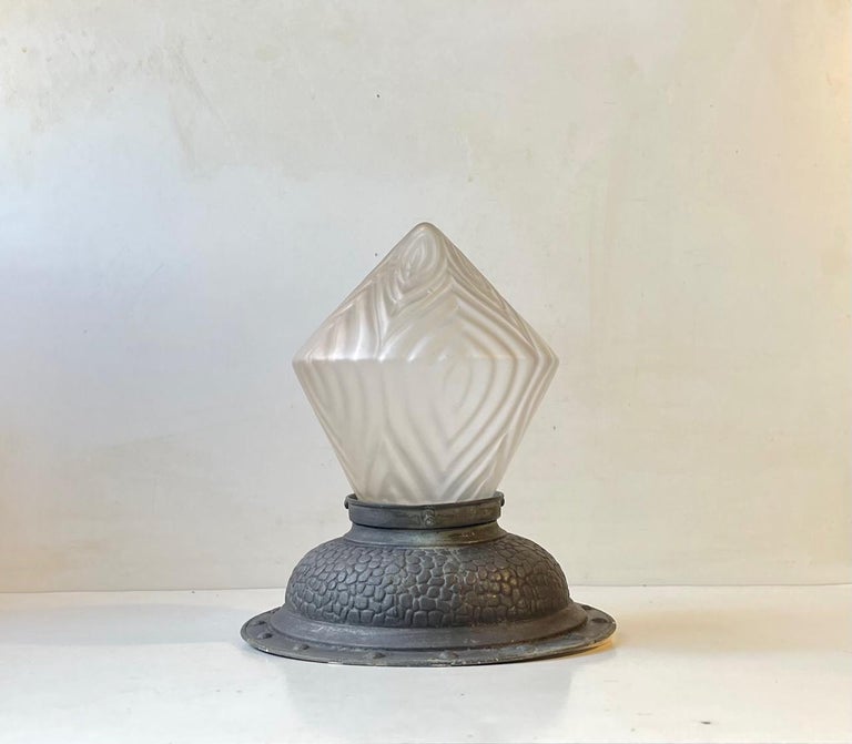 Art Deco Ceiling Flush Mount in Aligator Metal and Glass, 1920s For ...