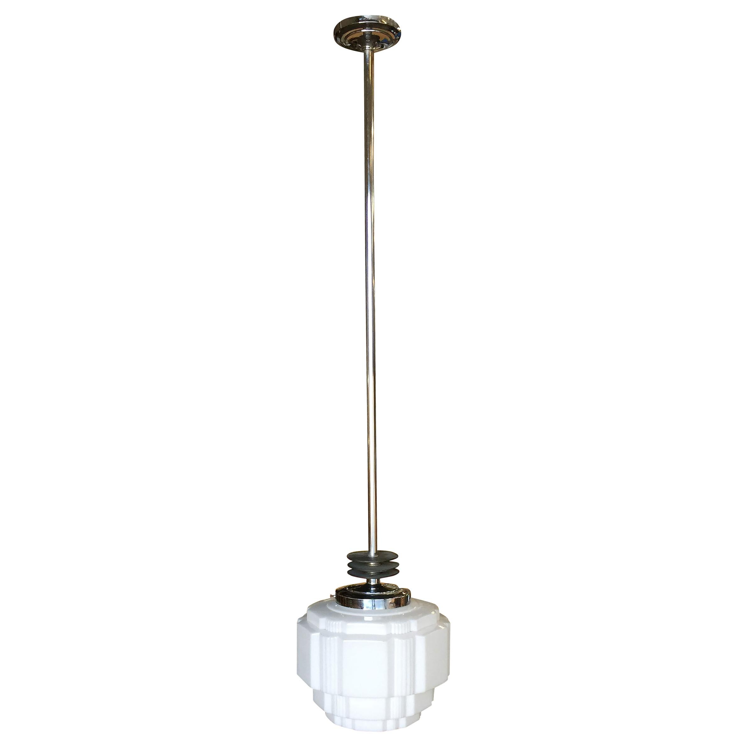 Art Deco Ceiling Pendant with School House Stepped Glass Globe For Sale ...
