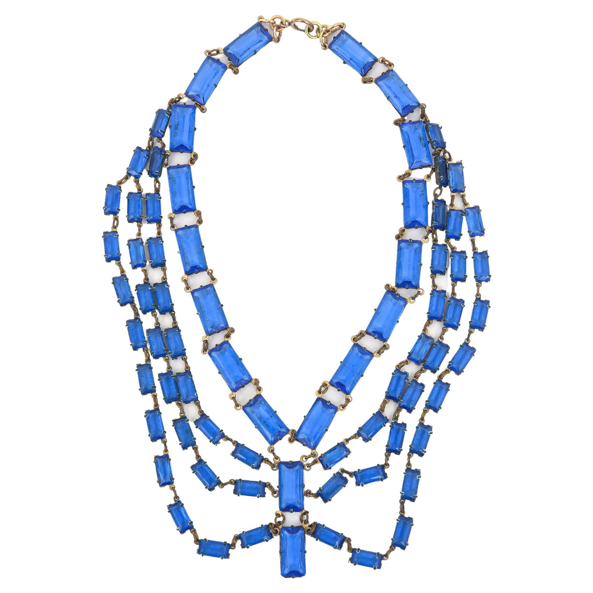 Art Deco Cerulean Blue Glass Multi Strand Drop Necklace For Sale at 1stDibs