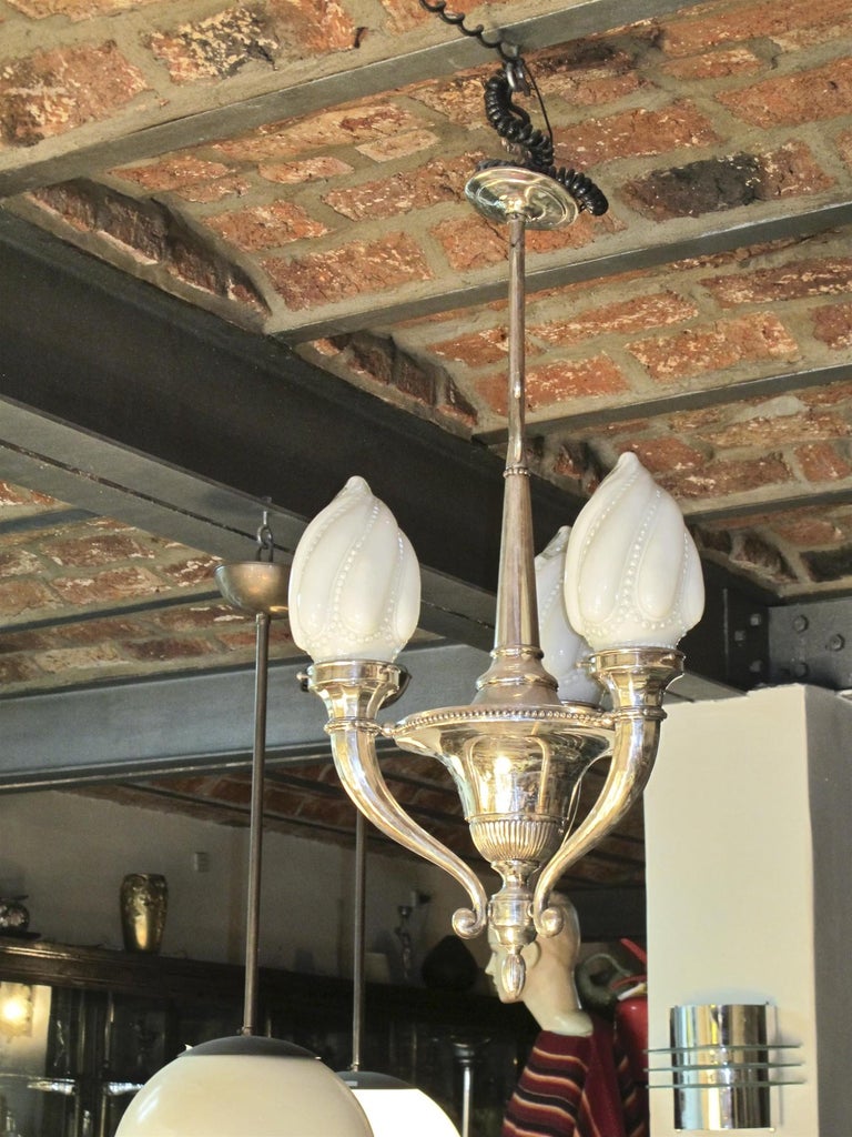 Art Deco Chandelier in Opaline and Silver Plated Bronze, 1930 For Sale ...