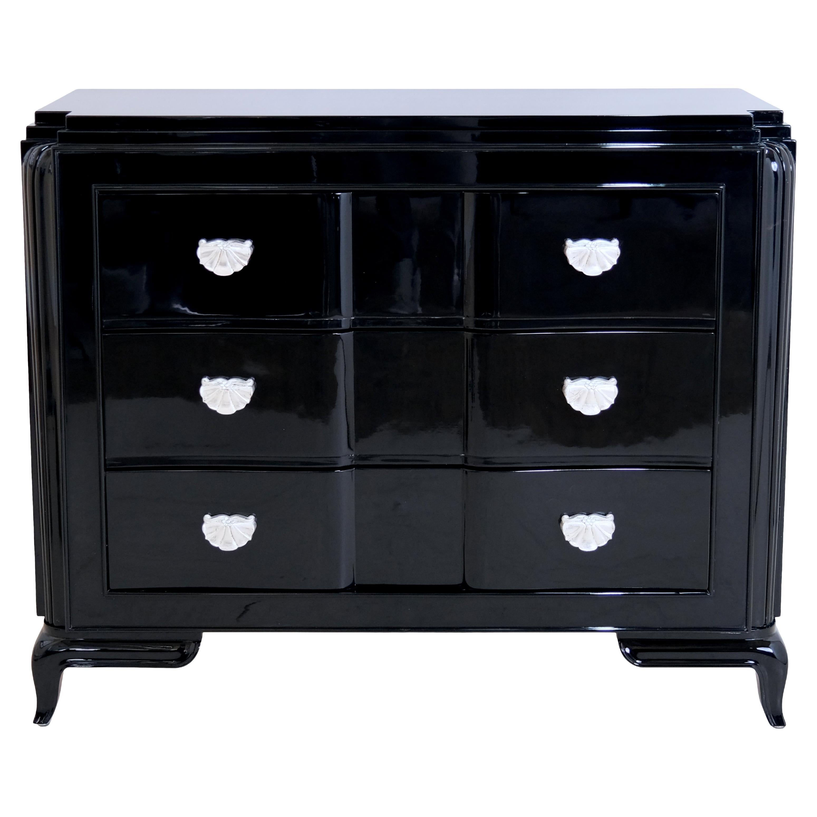 Art Deco Chest of Drawers in Black Piano Lacquer with Silver-Plated ...