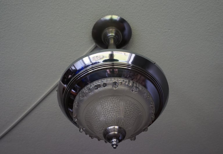 Art Deco Chrome and Melting Ice Design Glass Pendant / Light Fixture By ...