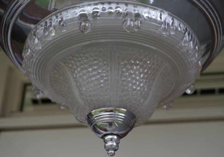 Art Deco Chrome and Melting Ice Design Glass Pendant / Light Fixture By ...