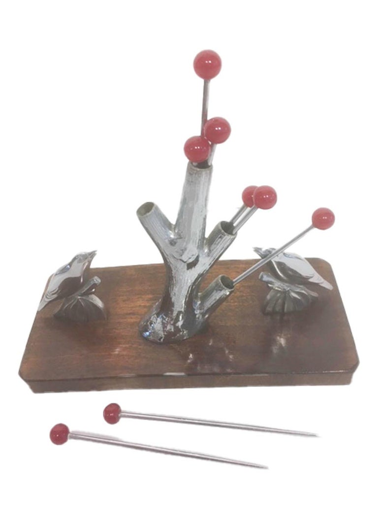 Art Deco, Chrome Cocktail Picks with Red Berry Tops in a Tree-Trunk ...