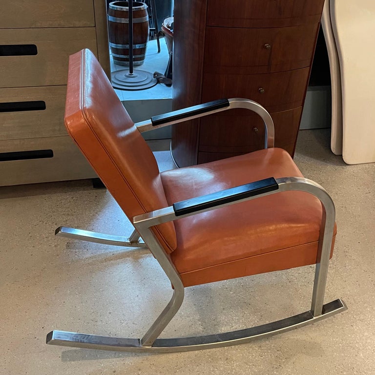 Art Deco Chrome Leather Rocking Chair by Gilbert Rohde For Sale at 1stDibs