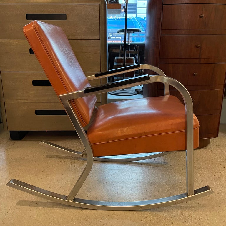 Art Deco Chrome Leather Rocking Chair by Gilbert Rohde For Sale at 1stDibs