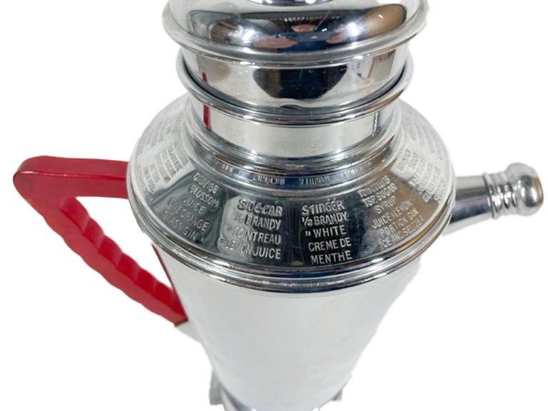 Art Deco Chrome Recipe Cocktail Shaker With Red Bakelite Handle Marked