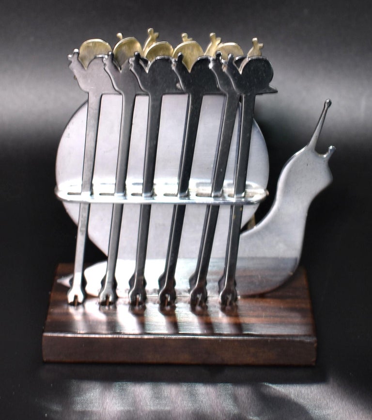 Art Deco Chrome Snail Novelty Cocktail Stick Set For Sale at 1stDibs