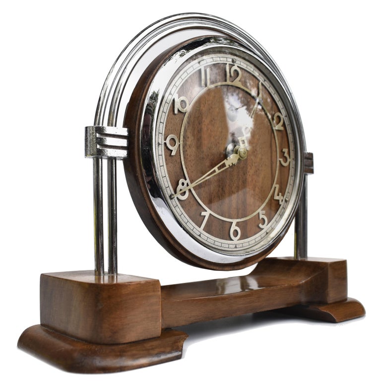 Art Deco Chrome and Walnut Electric Mantle Clock, c1930 at 1stDibs