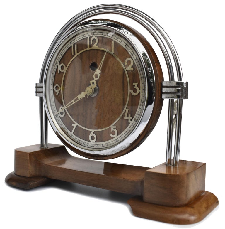 Art Deco Chrome and Walnut Electric Mantle Clock, c1930 at 1stDibs