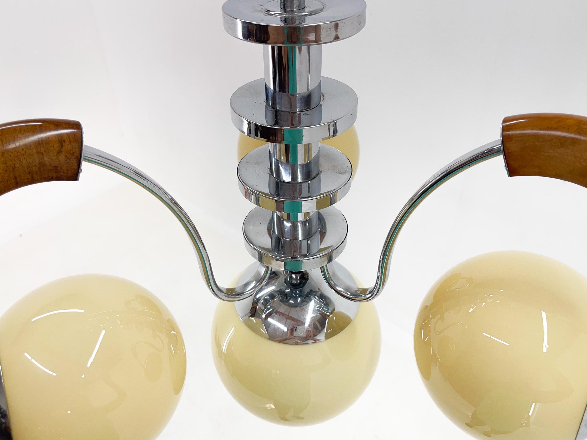 Art Deco Chrome and Wood Chandelier, Restored, Czechoslovakia For Sale ...