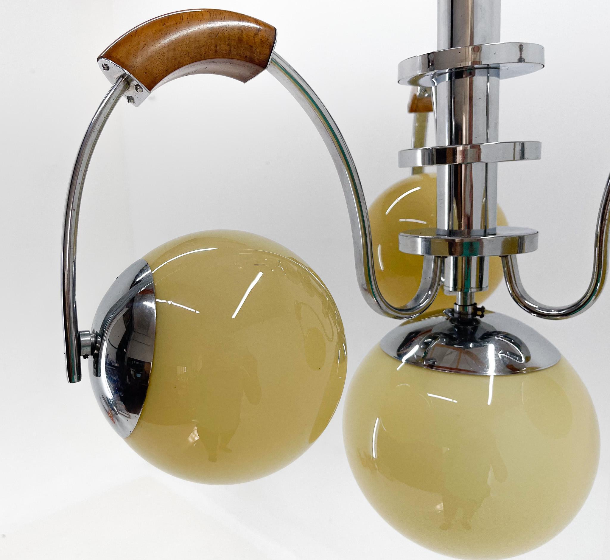 Art Deco Chrome and Wood Chandelier, Restored, Czechoslovakia For Sale ...
