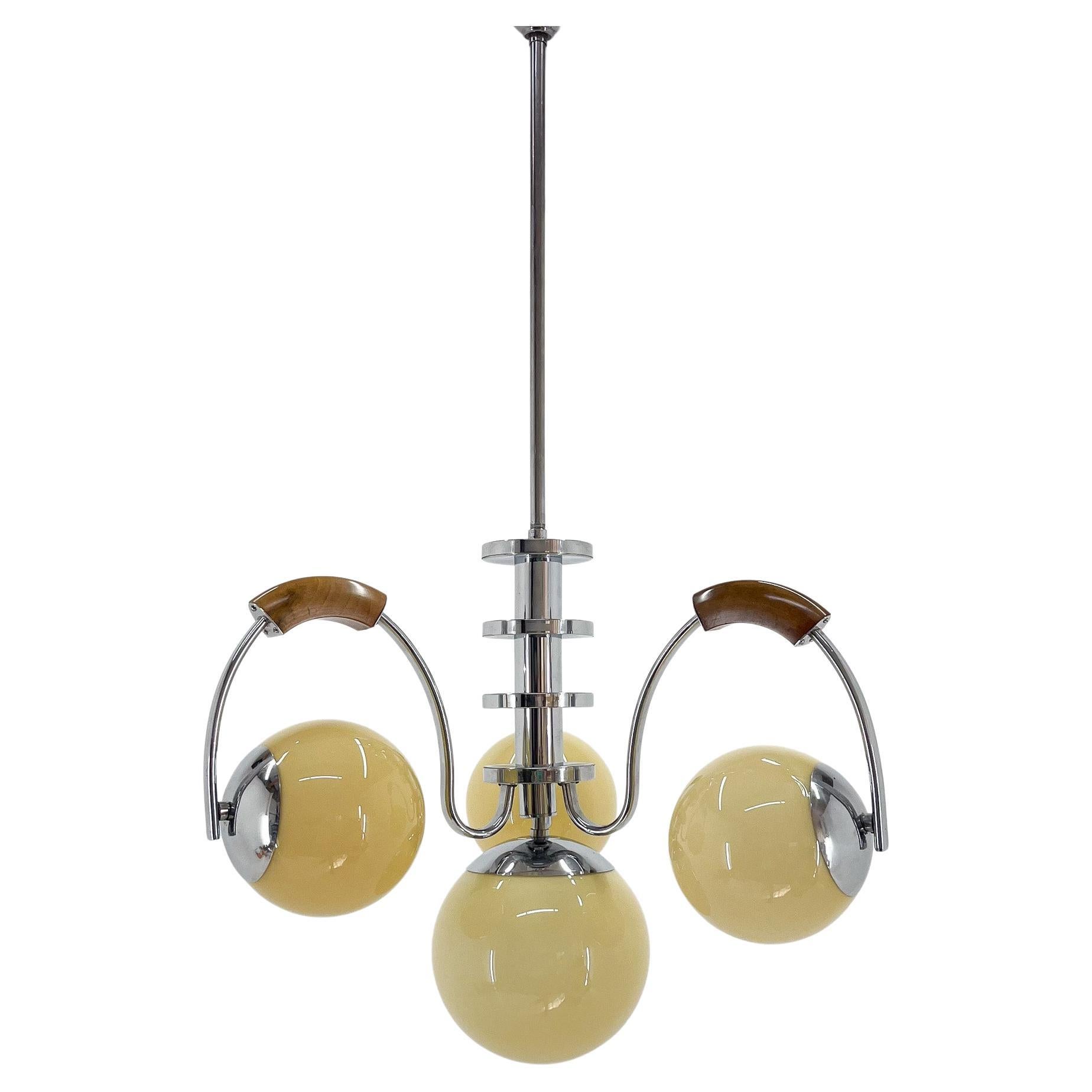 Art Deco Chrome and Wood Chandelier, Restored, Czechoslovakia For Sale ...