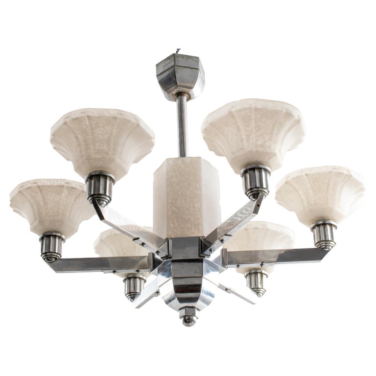 Art Deco Chromed Steel Nine Light Chandelier For Sale at 1stDibs