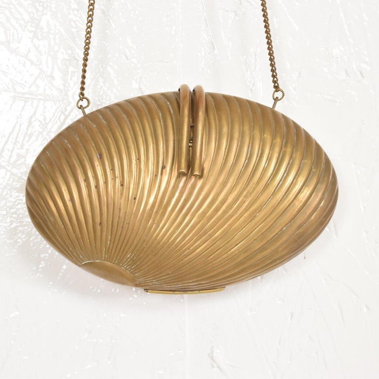 Art Deco Clam Shell Brass Purse with Purple Velvet For Sale at 1stDibs