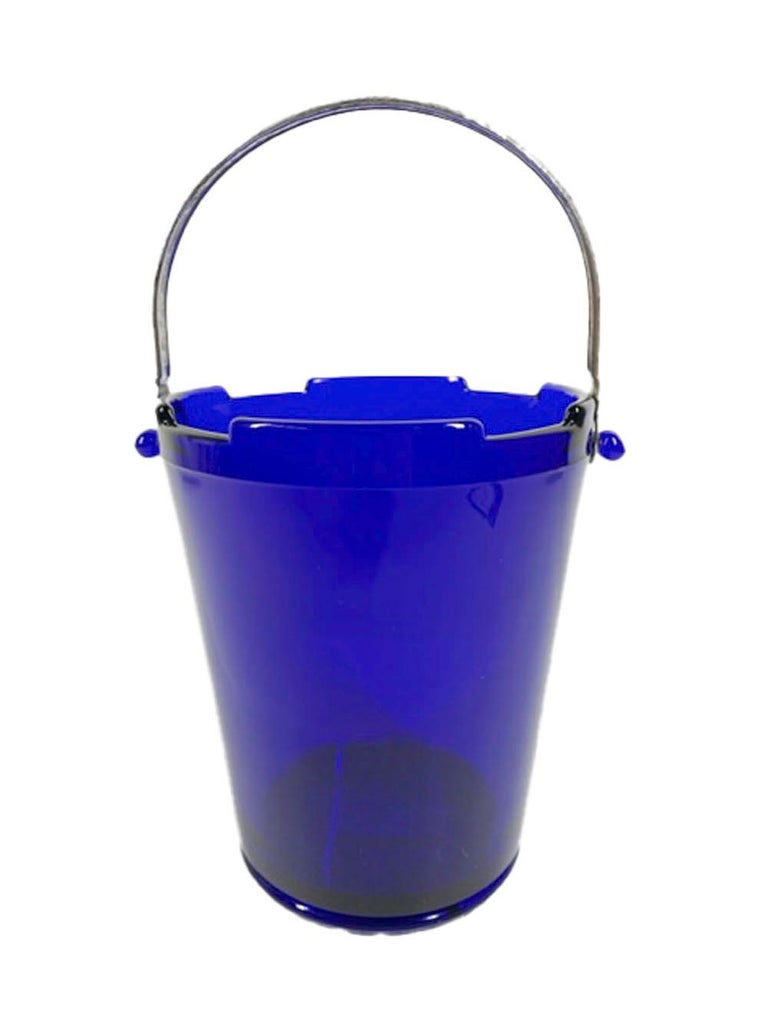 Art Deco Cobalt Blue Glass Ice Bucket with Hammered Chrome Bail Handle ...