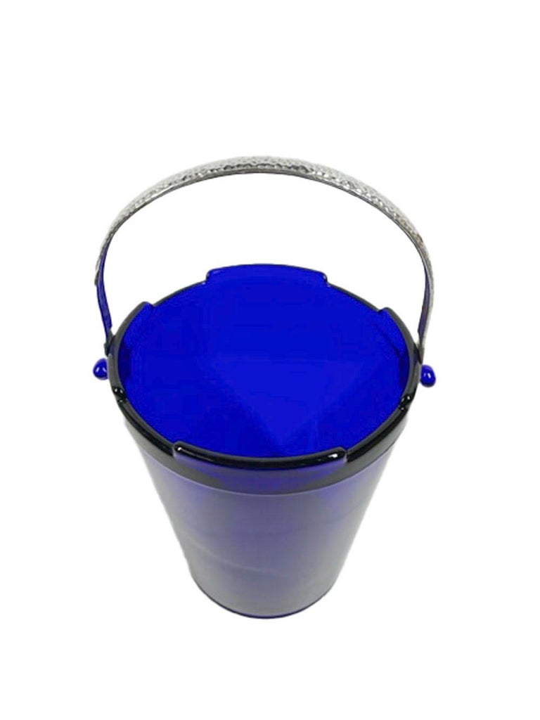 Art Deco Cobalt Blue Glass Ice Bucket with Hammered Chrome Bail Handle ...