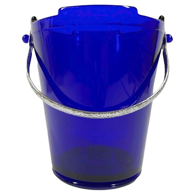 Art Deco Cobalt Blue Glass Ice Bucket with Hammered Chrome Bail Handle ...