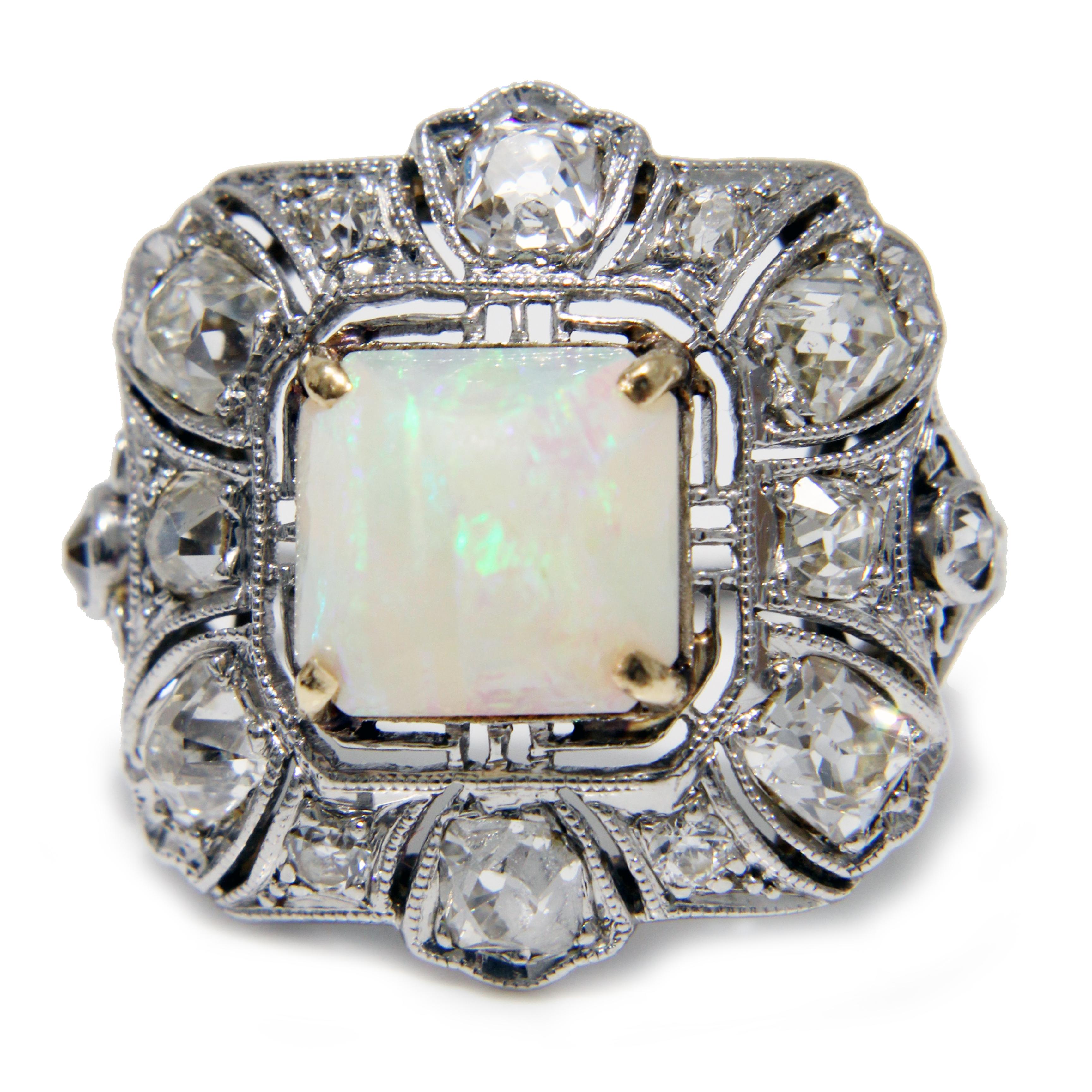 Art Deco Cocktail Ring Opal and Diamond Vintage Platinum Rare Early ...