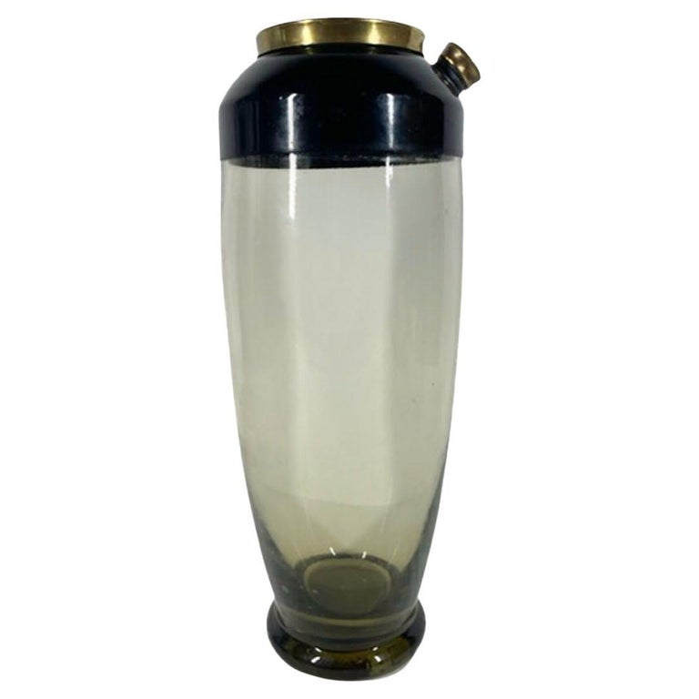 Art Deco Cocktail Shaker, Pale Olive Glass, Black Enameled Lid w/Brass ...