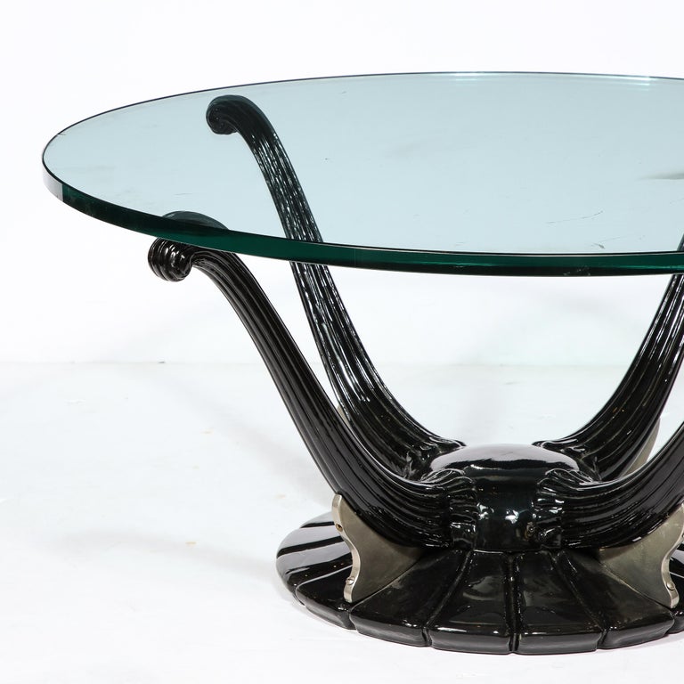 Art Deco Cocktail Table with Fluted Black Lacquer Supports and Glass ...