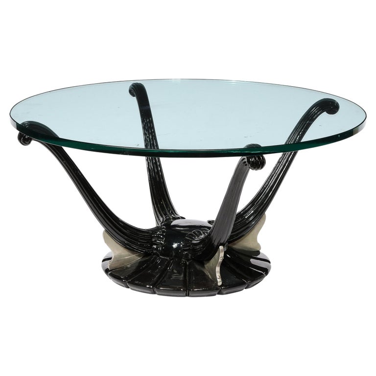 Art Deco Cocktail Table with Fluted Black Lacquer Supports and Glass ...