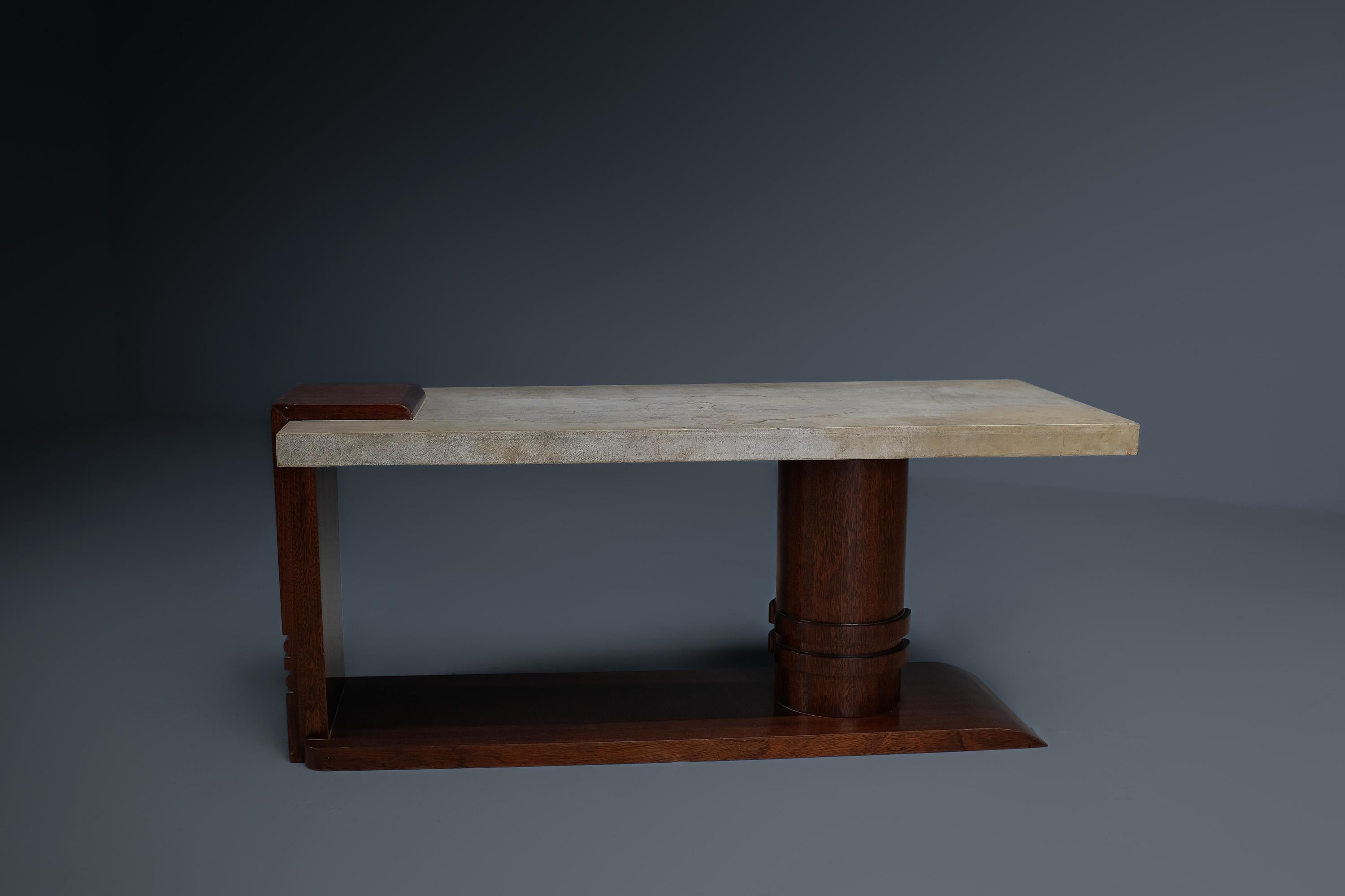 Art Deco Coffee Table in Parchment and Mahogany, 1940 at 1stDibs