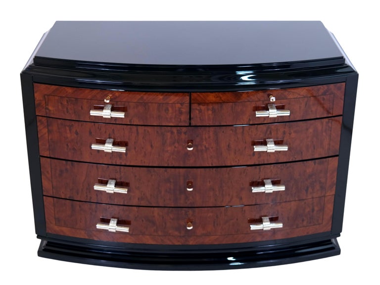Art Deco Commode with Convex Front in Wood Veneer and Black Lacquered ...
